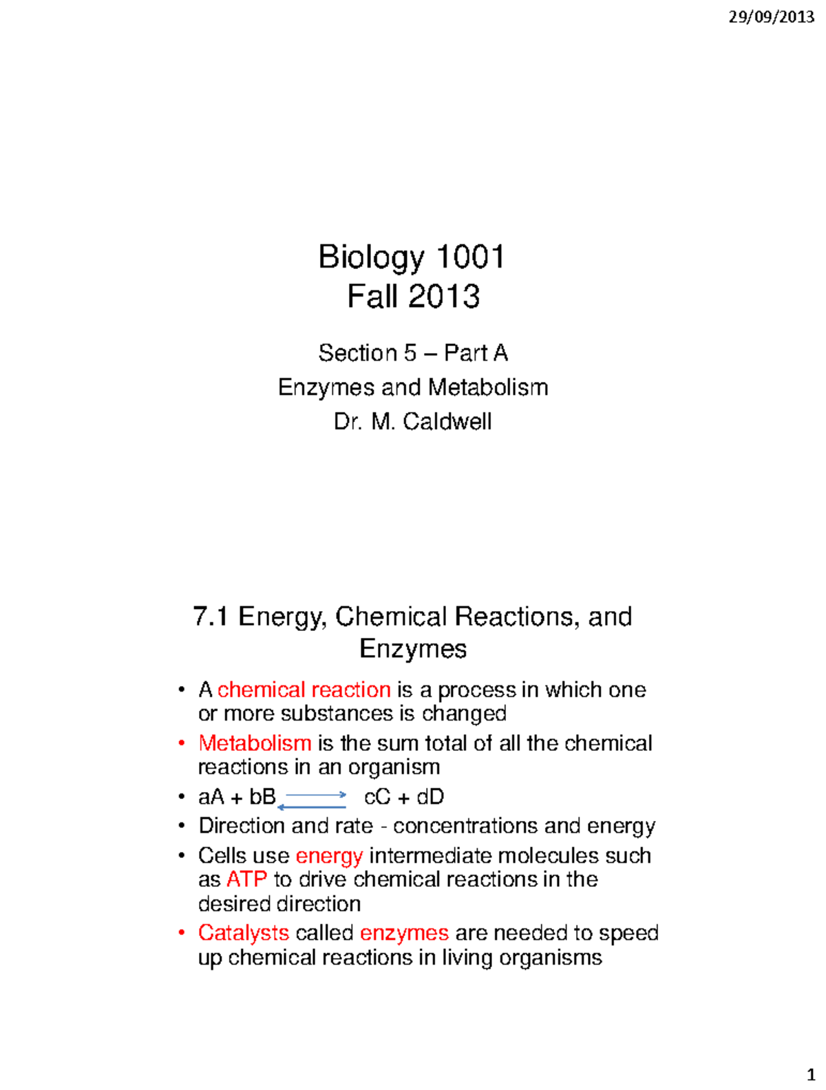 Biology 1001 F13 Section 5A - 2 slides - 29/09/2013 Biology 1001 Fall ...