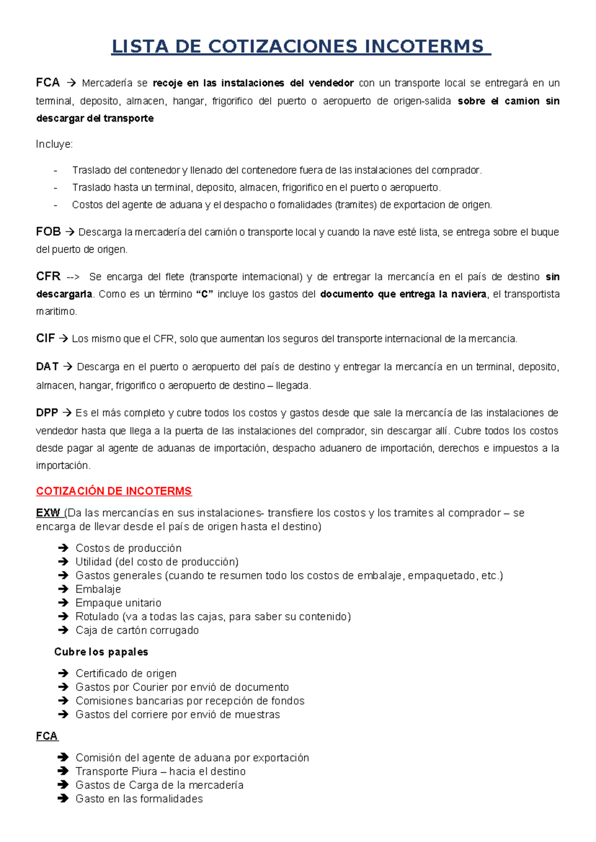 Lista DE Incoterms - informacion para preparacion de examen - LISTA DE ...