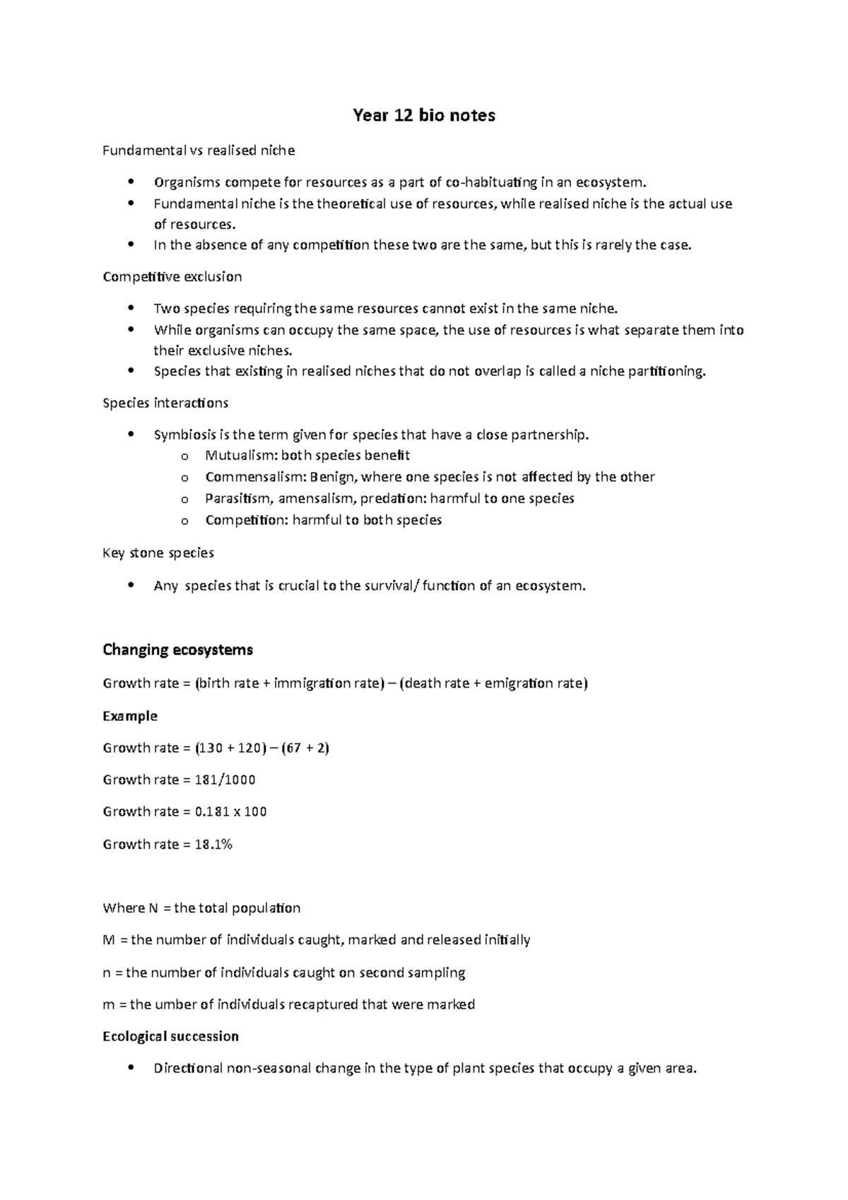 Year 12 bio notes - Year 12 bio notes Fundamental vs realised niche ...