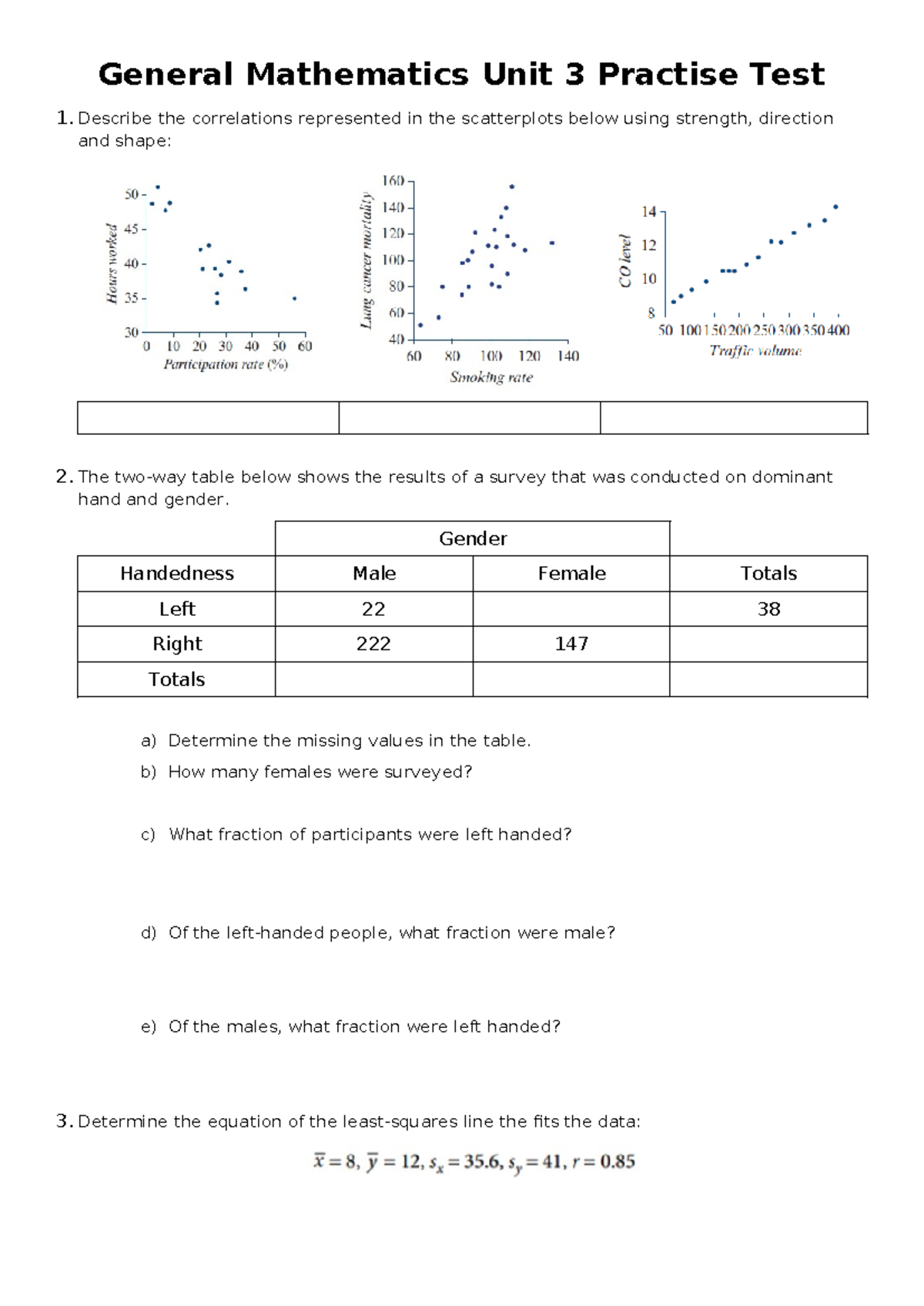 General Mathematics Unit 3 Practise Test - Describe the correlations ...