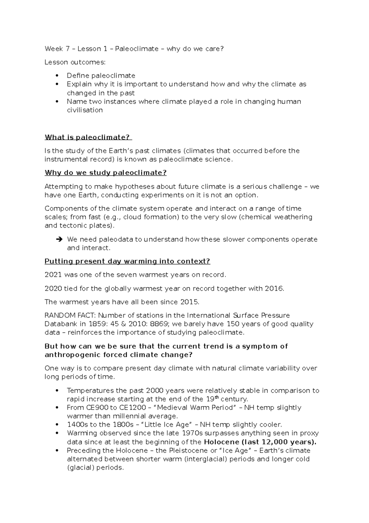 Week 7 - Week 7 - Paleoclimate notes - Week 7 – Lesson 1 – Paleoclimate ...