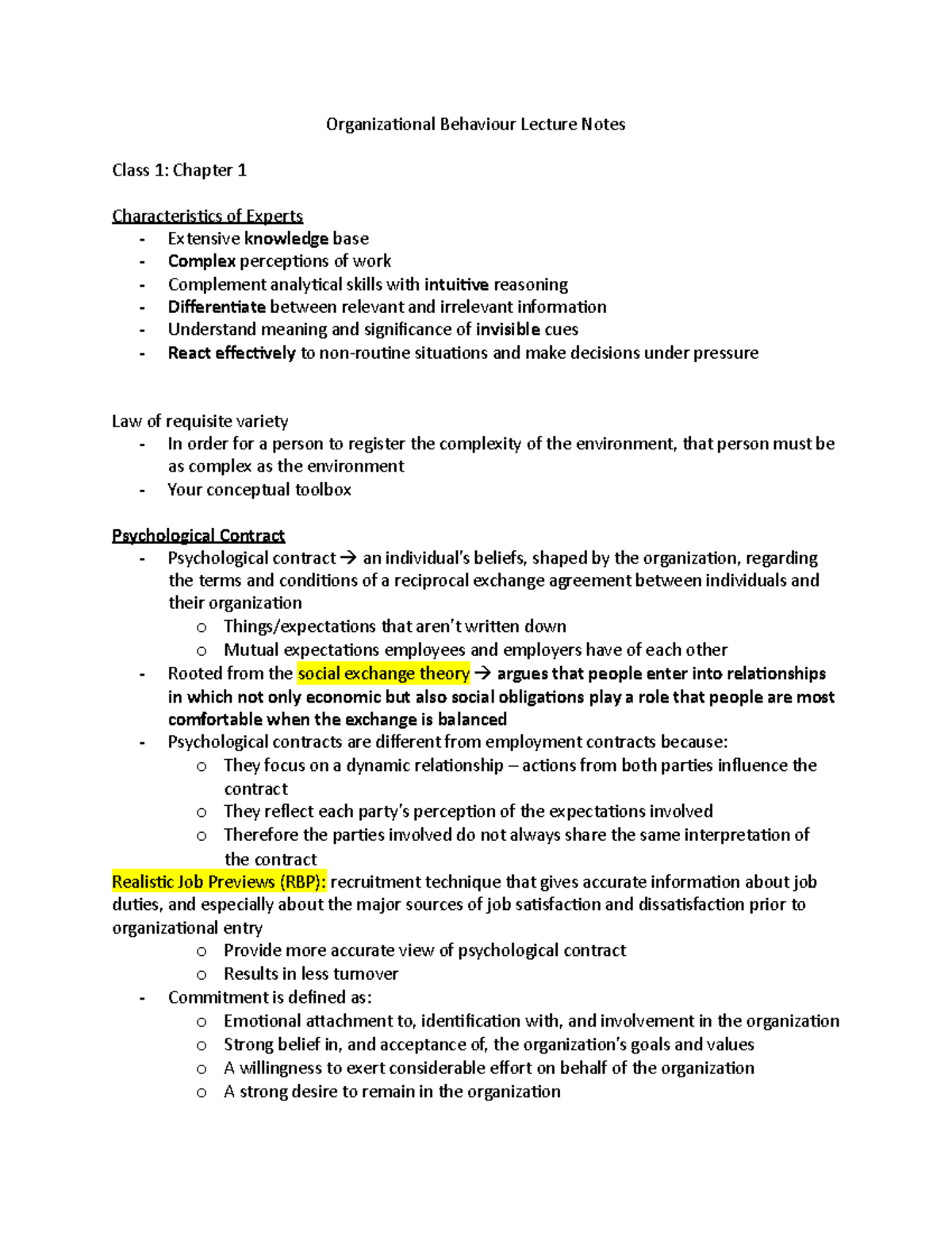 Organizational Behaviour Lecture Notes - o Causes decreased work effort ...