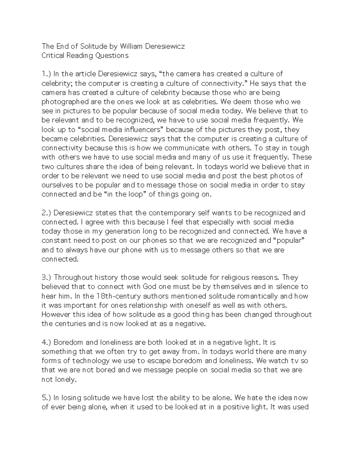 "The End of Solitude" Reading Questions - The End of Solitude by ...