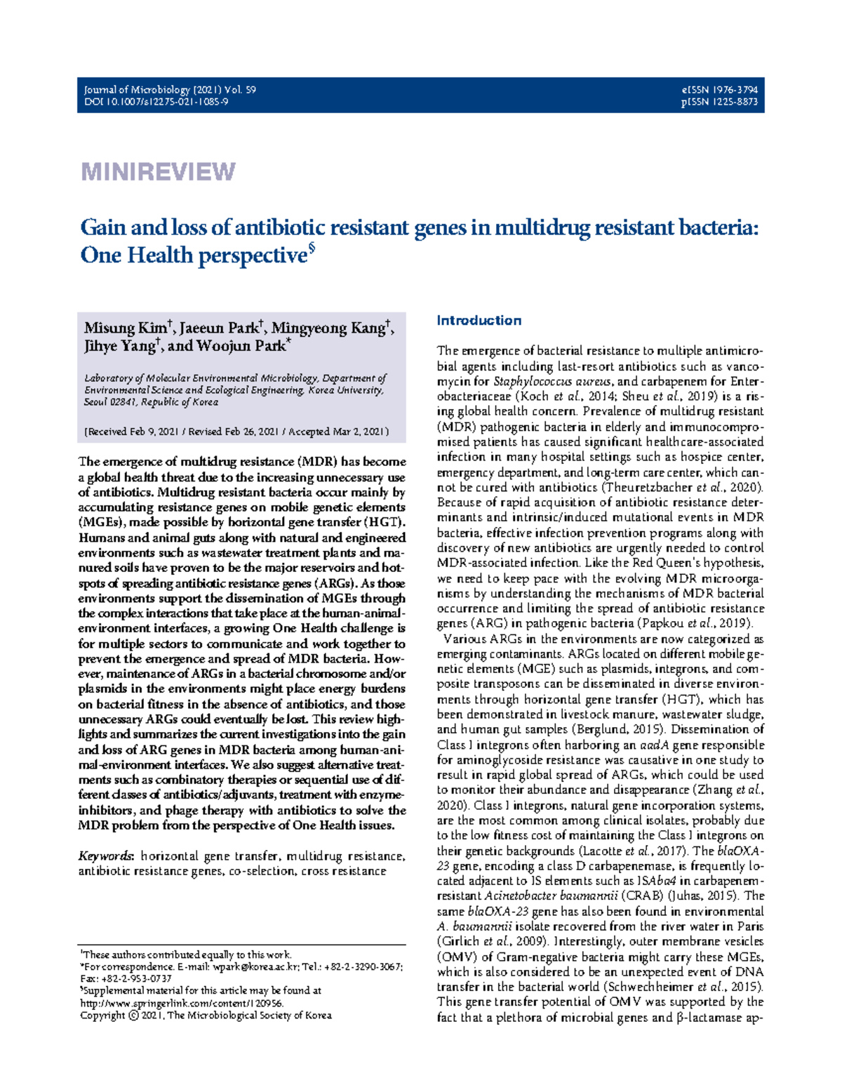 Kim et al. - 2021 - Gain and loss of antibiotic resistant genes in mul - The emergence of ...