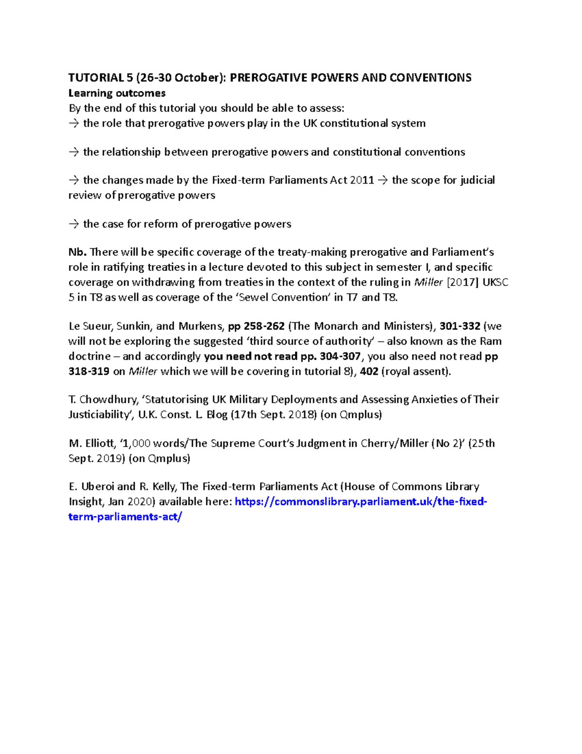 Tutorial 5 - Prerogative Powers AND Conventions - TUTORIAL 5 (26-30 October): PREROGATIVE POWERS ...