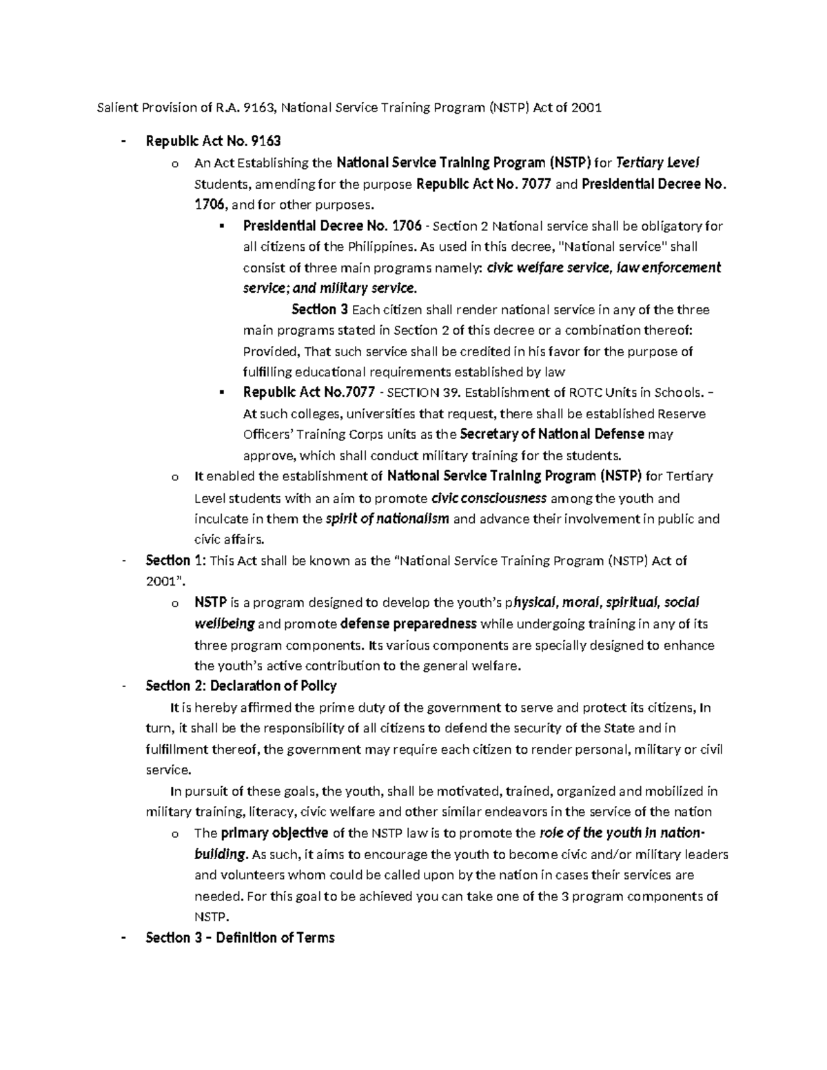 Salient Provision of R.A. 9163, National Service Training Program (NSTP ...