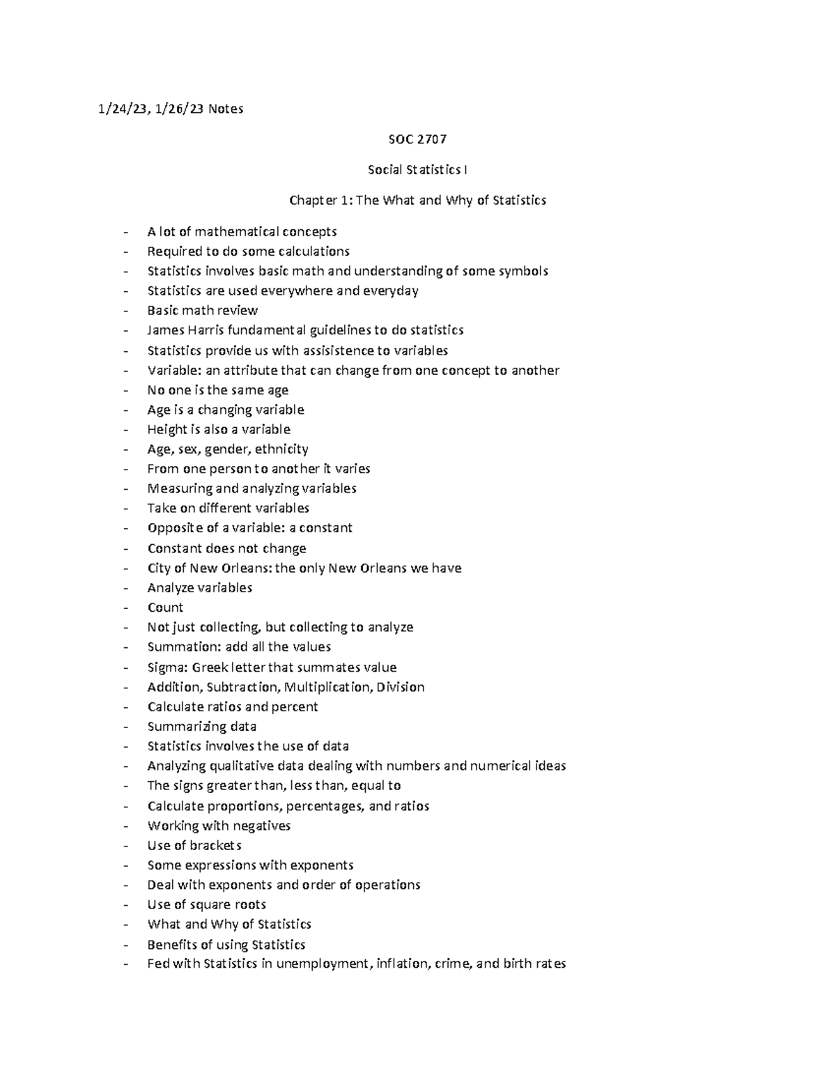 SSI Lecture 1 Notes - 1/24/23, 1/26/23 Notes SOC 2707 Social Statistics ...
