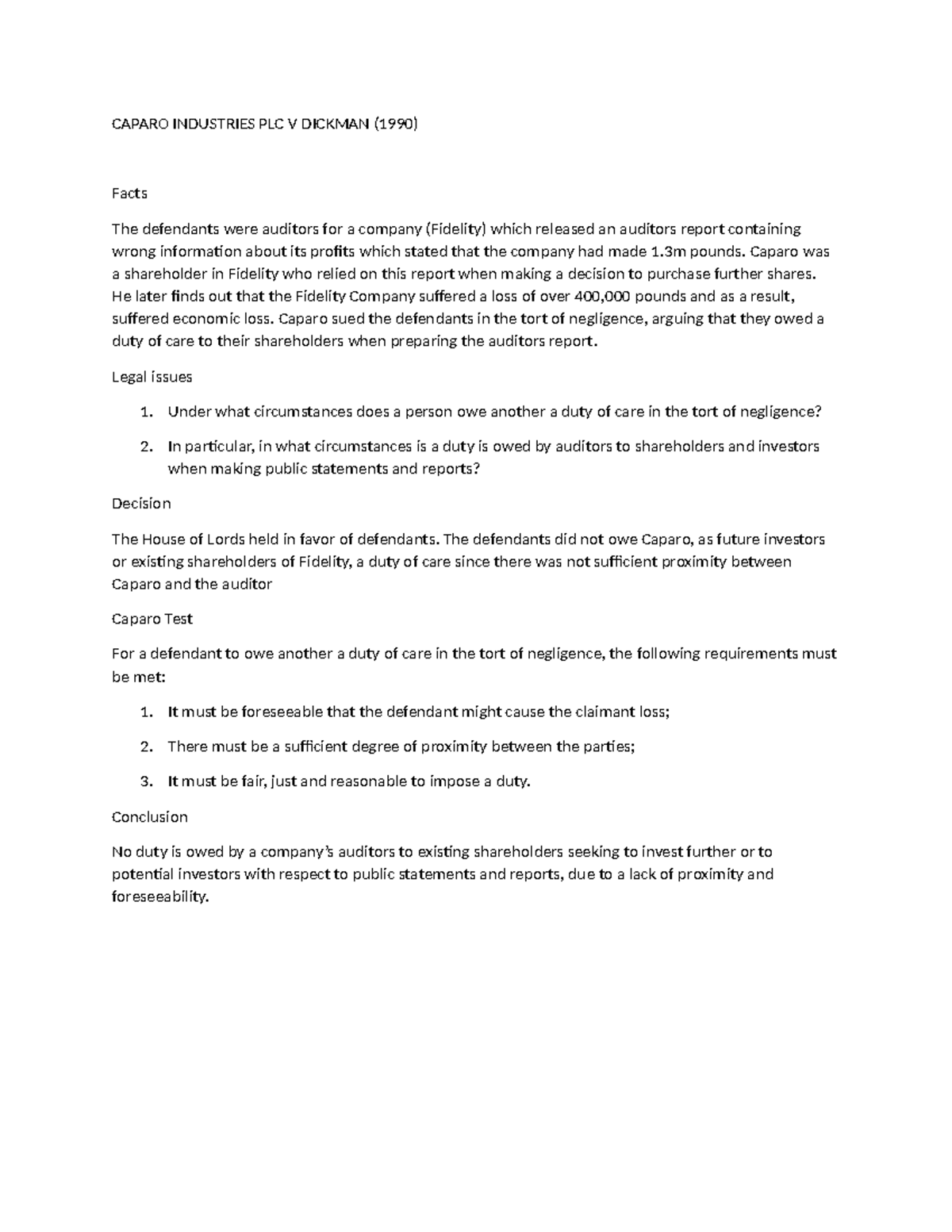 Caparo Industries PLC V Dickman - CAPARO INDUSTRIES PLC V DICKMAN (1990 ...