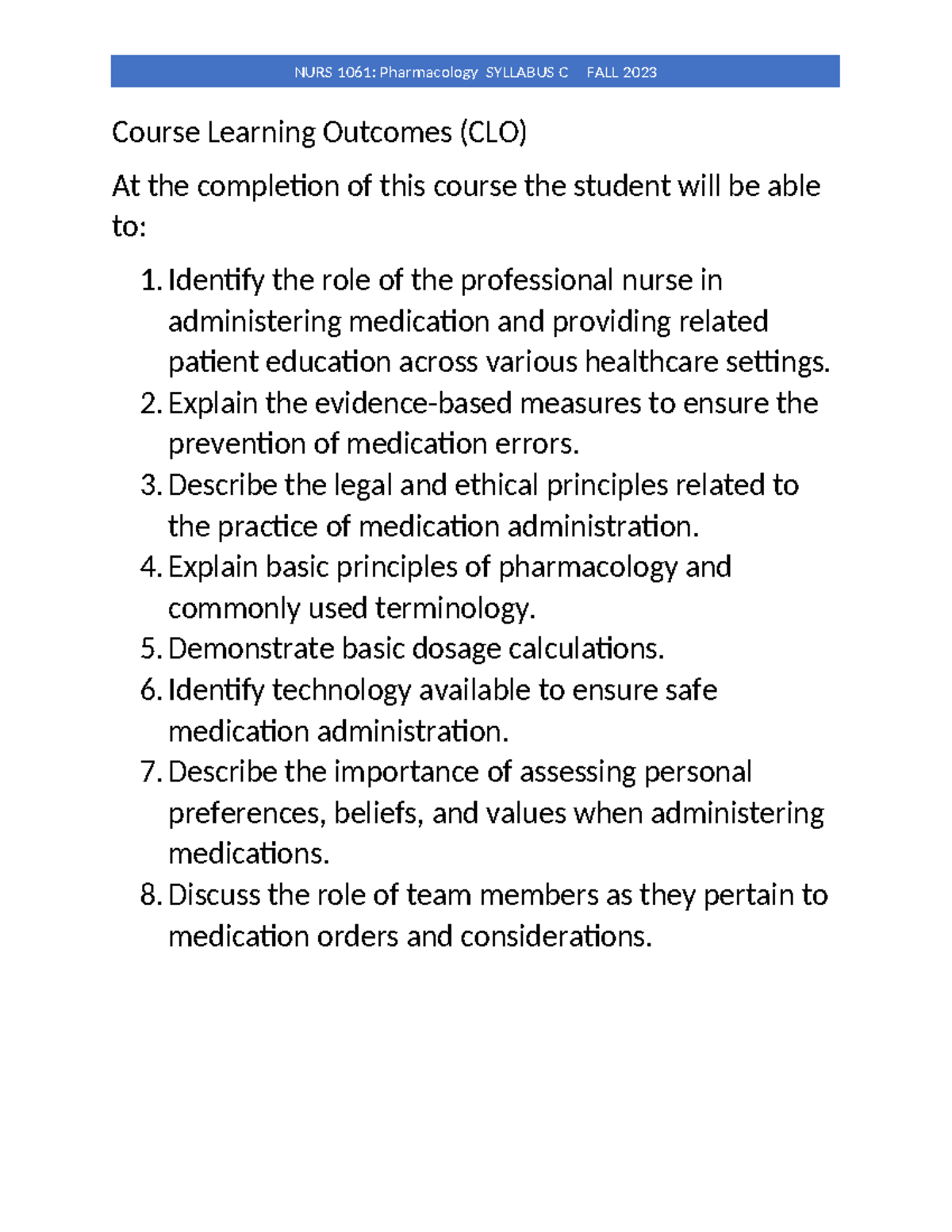 NURS 1061 Syllabus C Fall 2023 (rev) - Tagged - Course Learning ...