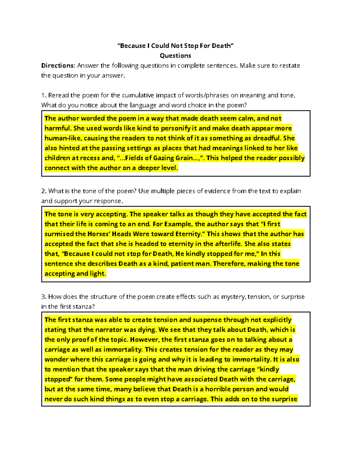 Because I Could Not Stop For Death Questions - “Because I Could Not ...