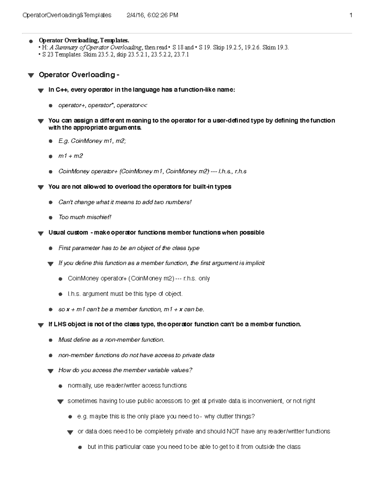 Lecture notes, lecture 6 - 6:02:26 PM Operator Overloading, Templates ...