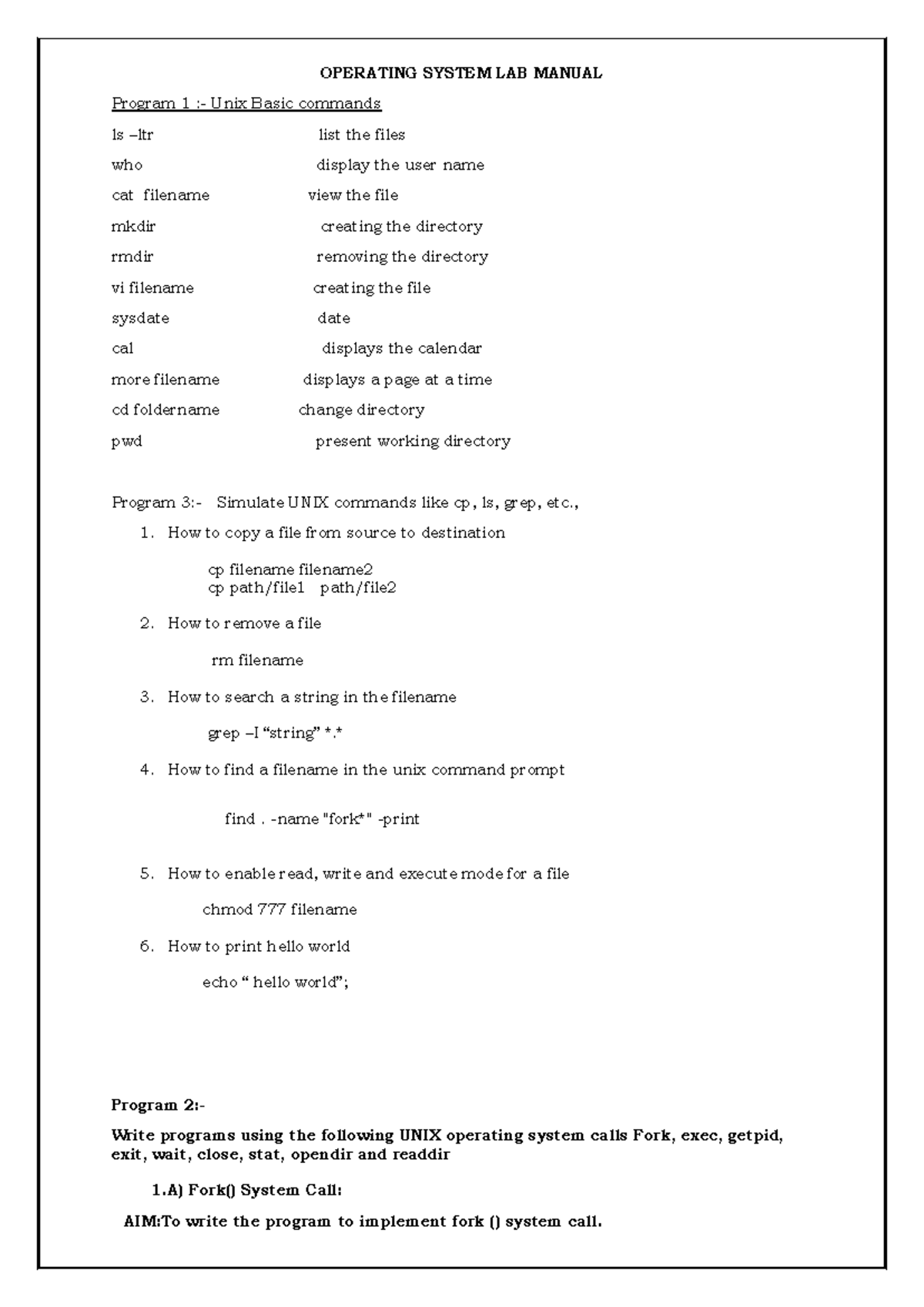 OS LAB Manual - reading - OPERATING SYSTEM LAB MANUAL Program 1 :- Unix Basic commands ls – ltr ...