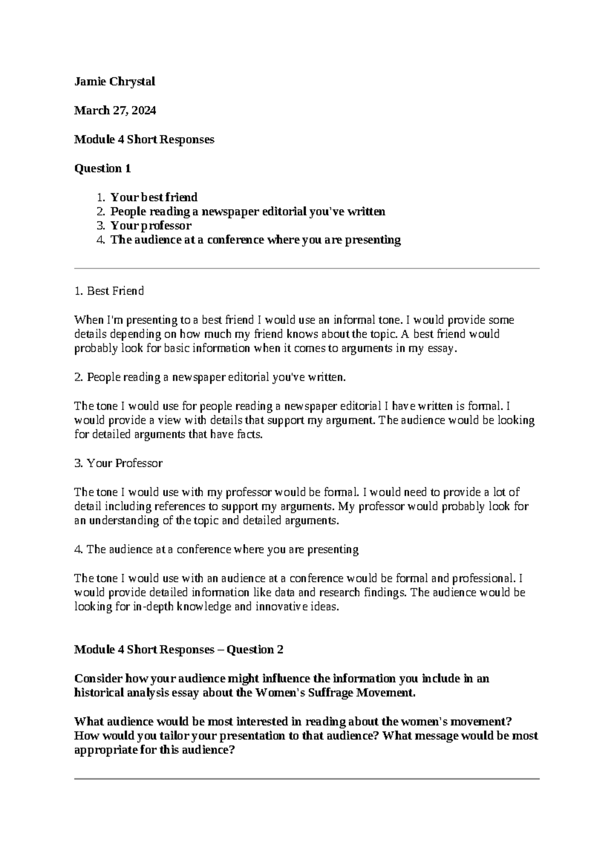 HIS 200 Module 4 Short Responses - Jamie Chrystal March 27, 2024 Module ...