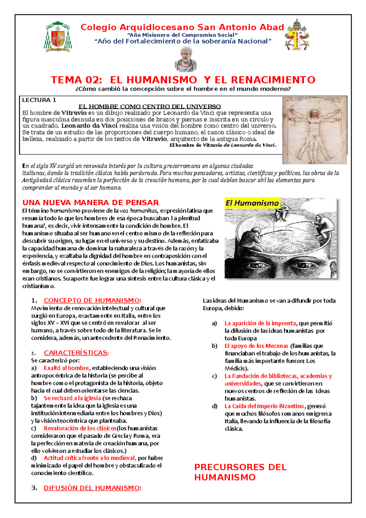Ficha TEMA EL Humanismo -2022-1 - Colegio Arquidiocesano San Antonio ...