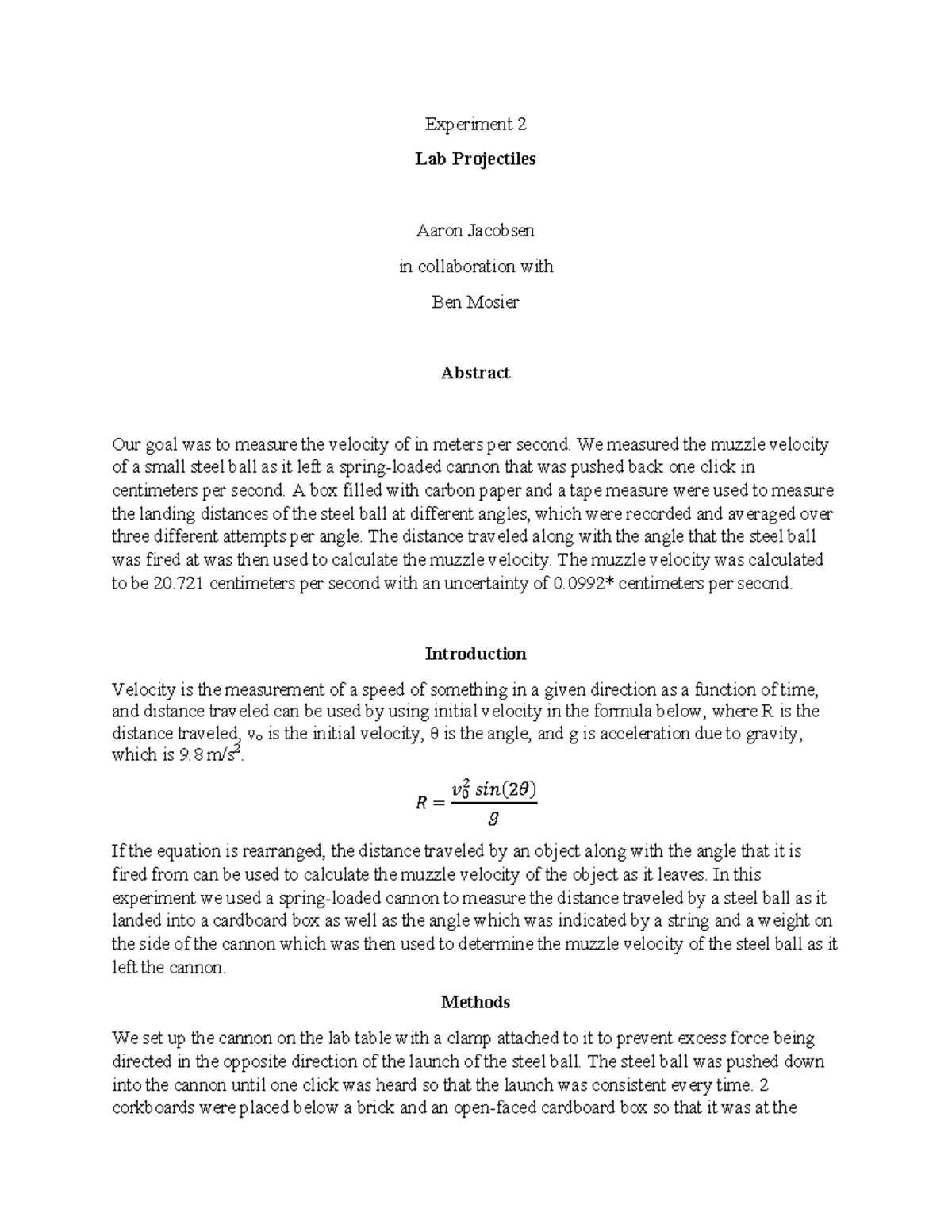 Lab Report 2 - Experiment 2 Lab Projectiles Aaron Jacobsen in ...