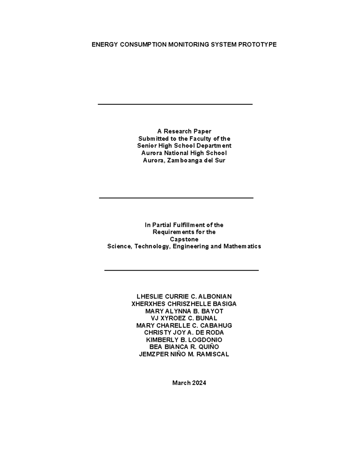 Capstone Arduino Energy Consumption Monitoring System Prototype A Research Paper Submitted To