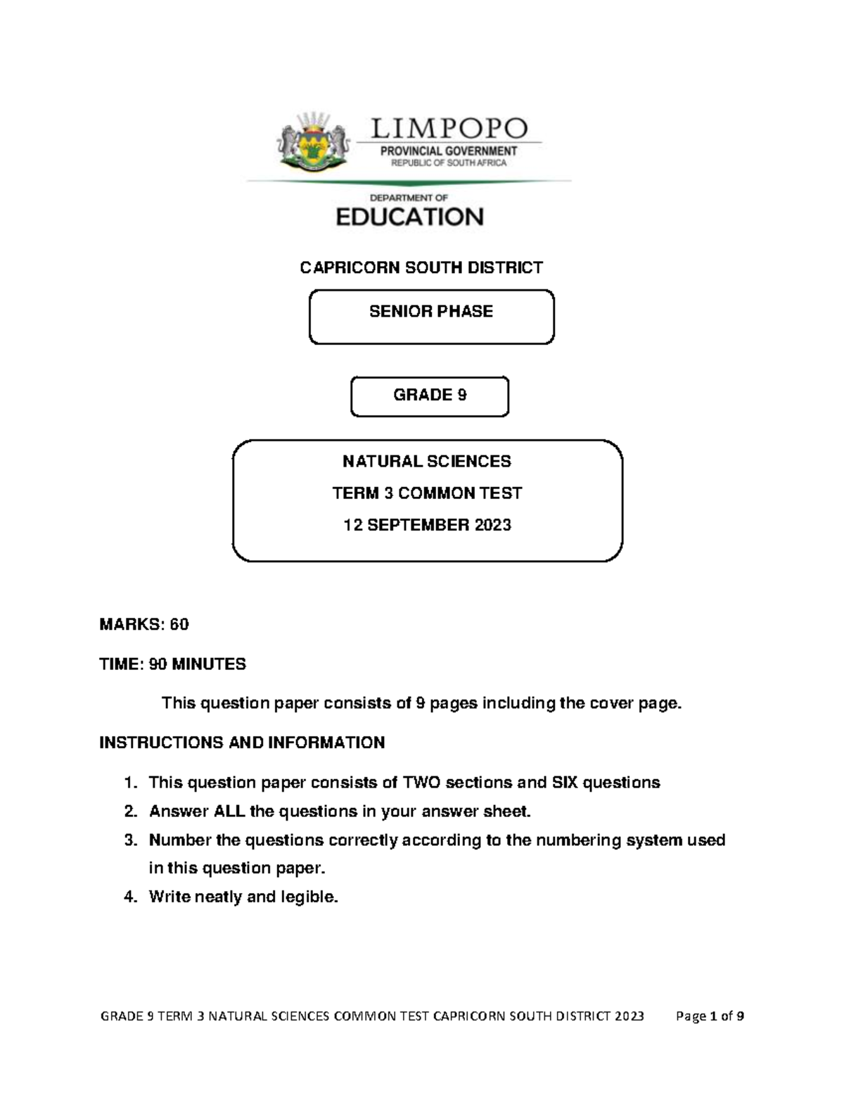 Grade 9 Natural Sciences TERM 3 TEST 12 -SEP-2023 - CAPRICORN SOUTH ...
