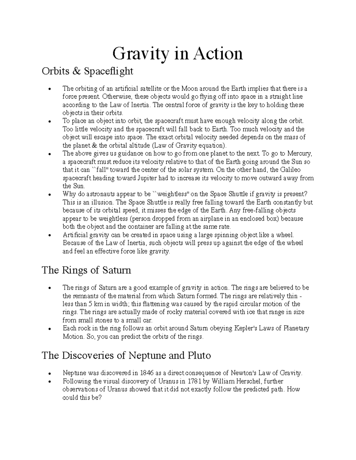Astr notes 4 - Gravity in Action Orbits & Spaceflight The orbiting of ...