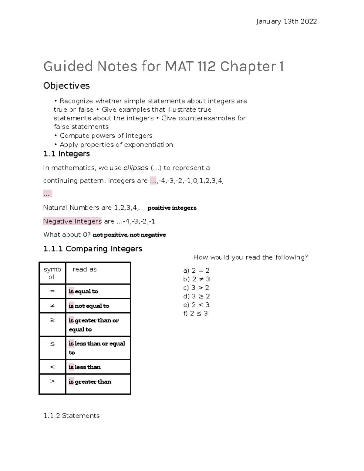 Guided Notes for MAT 112 Chapter 1 - January 13th 2022 Guided Notes for ...