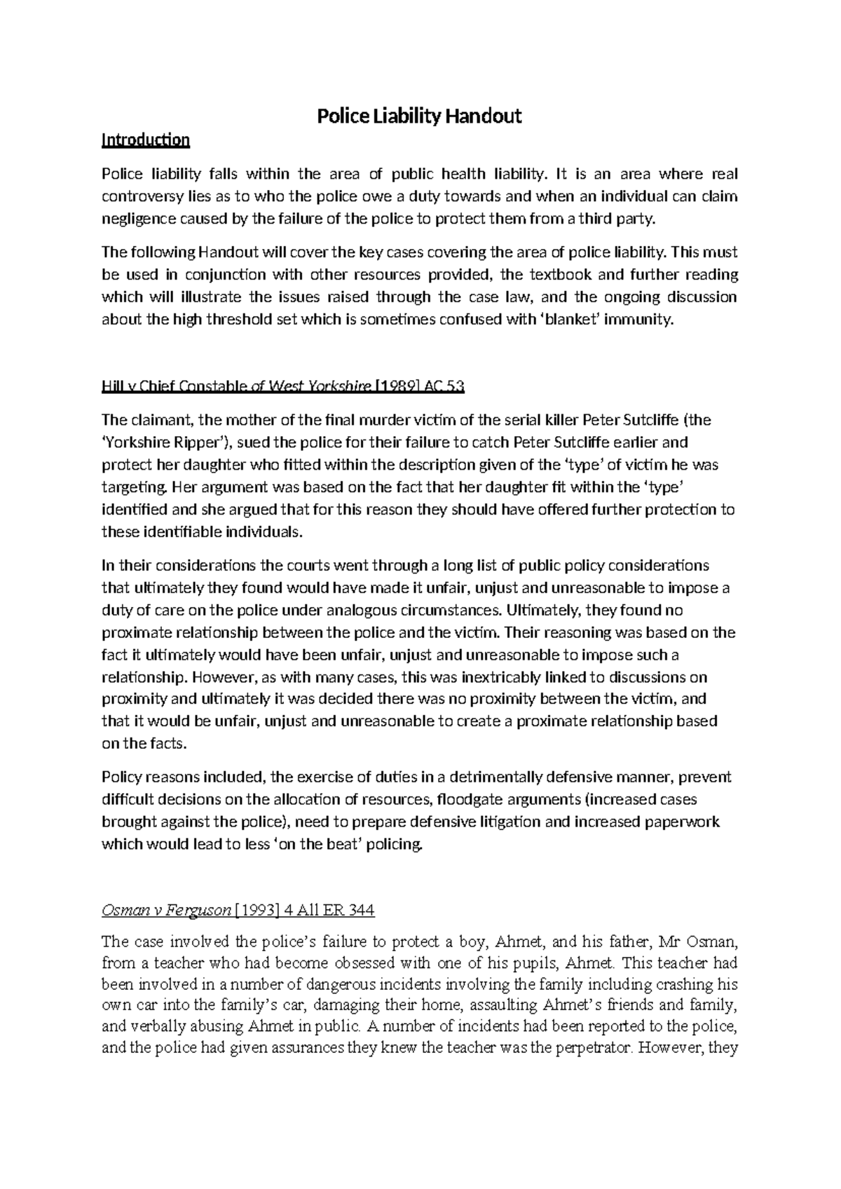 Police liability - notes - Police Liability Handout Introduction Police ...