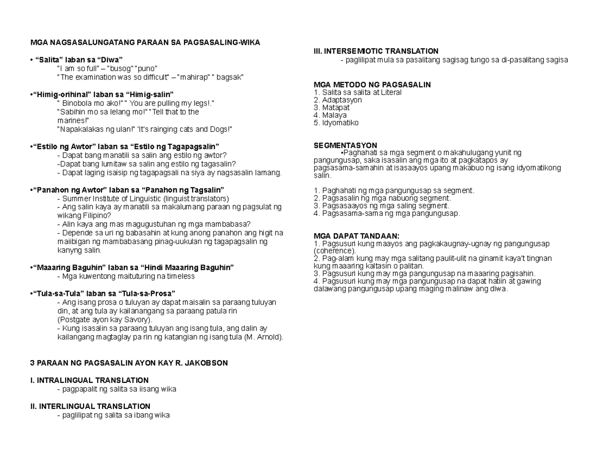 Fil1 - MGA NAGSASALUNGATANG PARAAN SA PAGSASALING-WIKA “Salita” laban ...