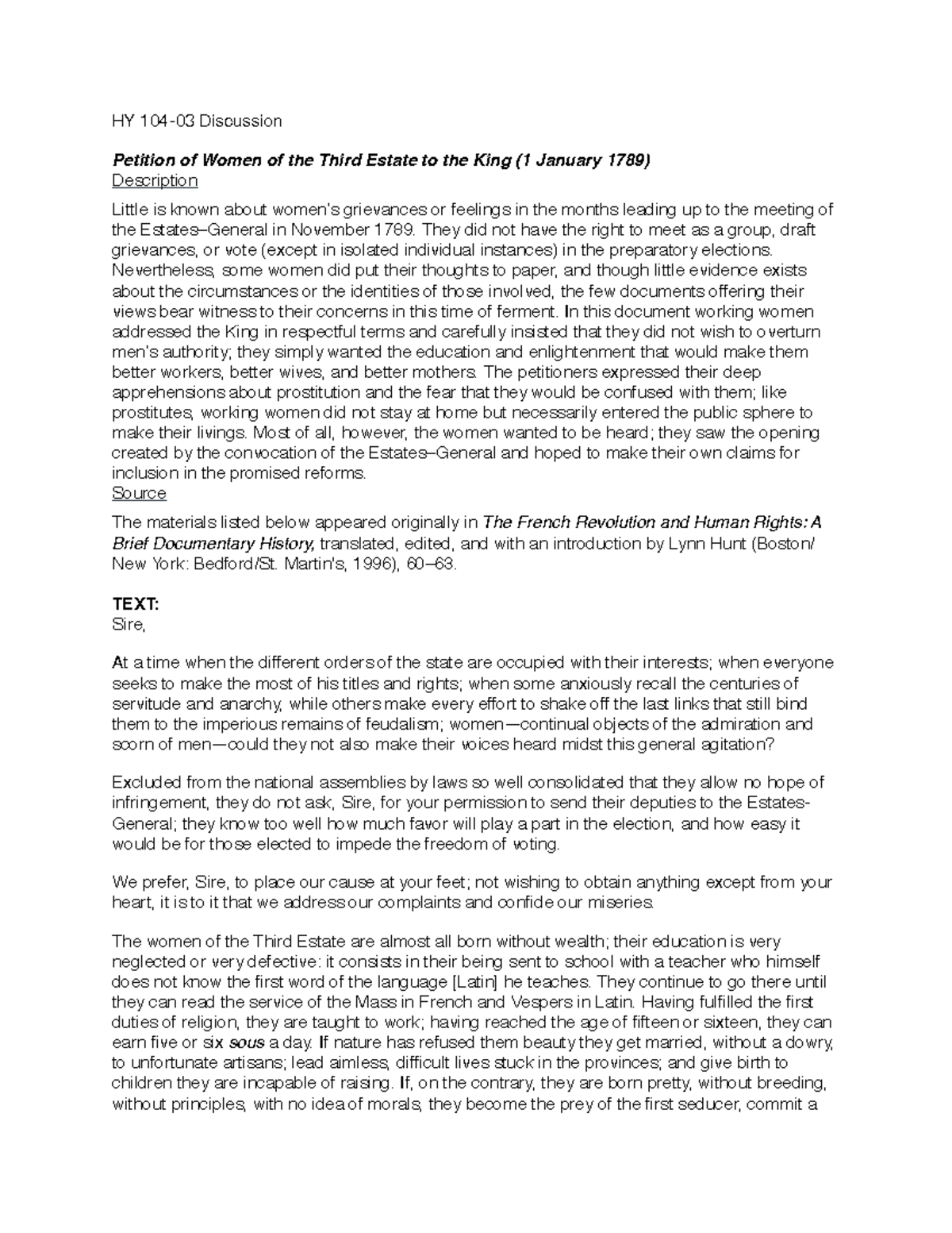 HY 104-03 Discussion: Petition of Women of the Third Estate to the King ...