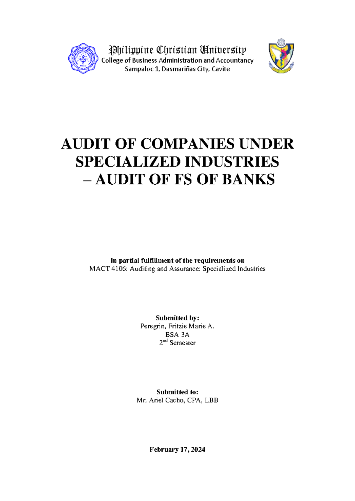 Audit of Financial Statements of Banks - Philippine Christian ...