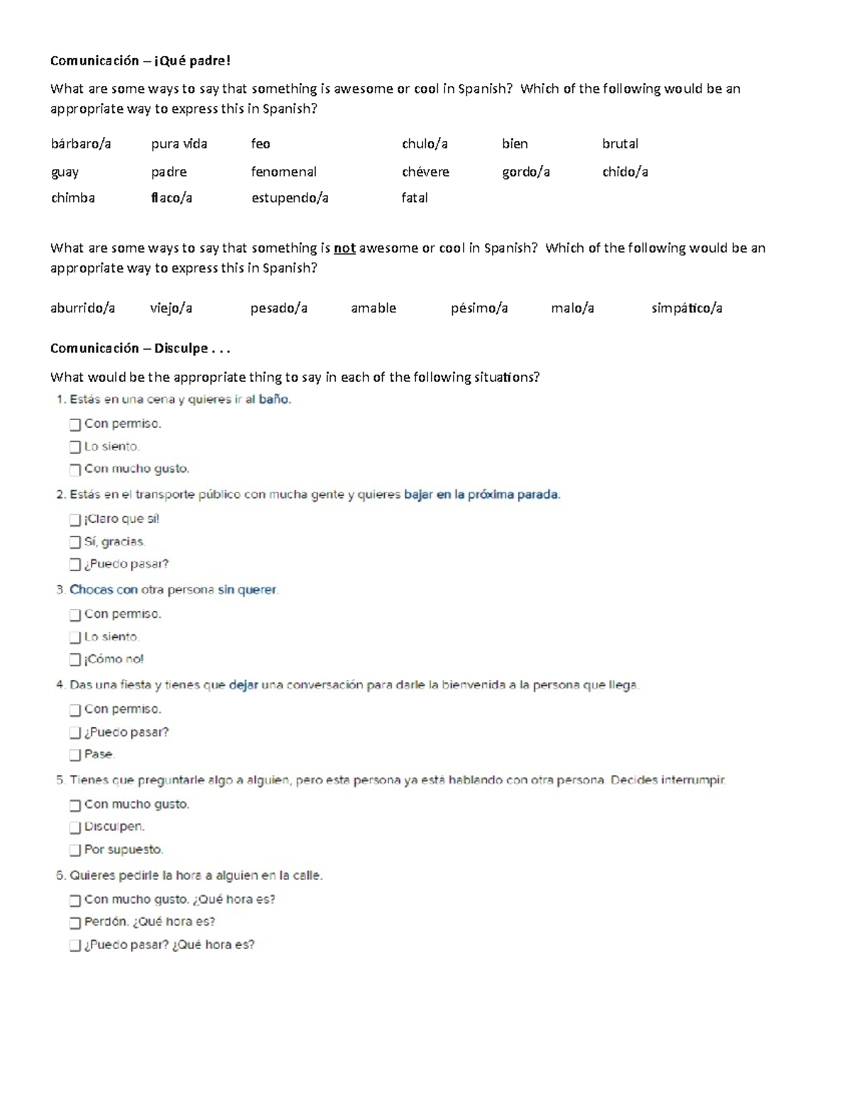 SPAN 110 Final Exam Review Study Guide - Comunicación – ¡Qué padre ...