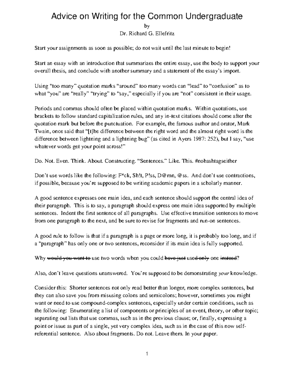 Advice on Writing for the Common Undergraduate - Richard G. Ellefritz ...