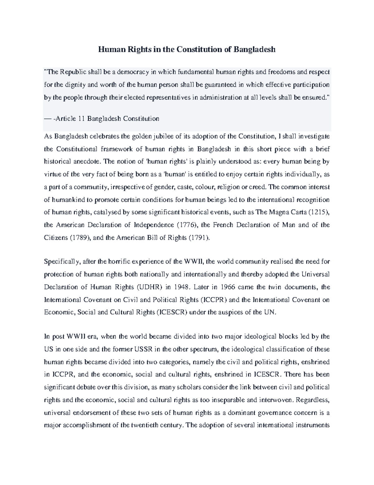 Human Rights in the Constitution of Bangladesh - " — -Article 11 ...