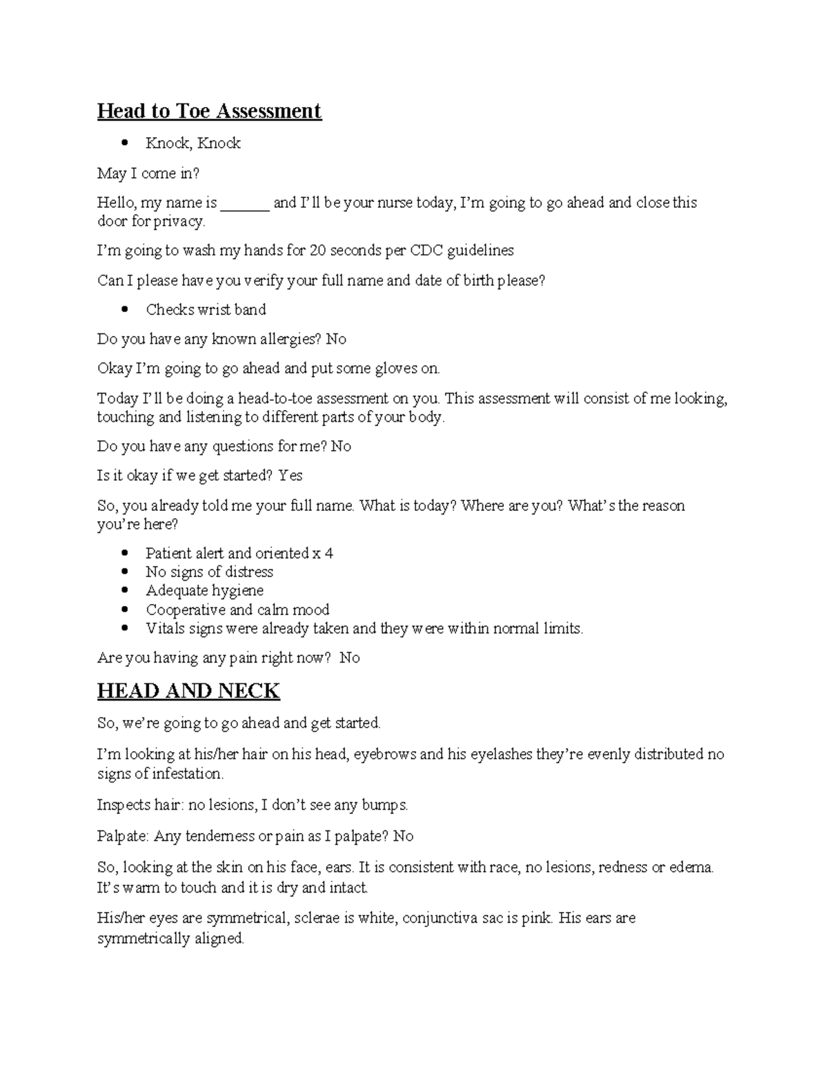 Head to Toe Assessment Speech - Head to Toe Assessment Knock, Knock May ...