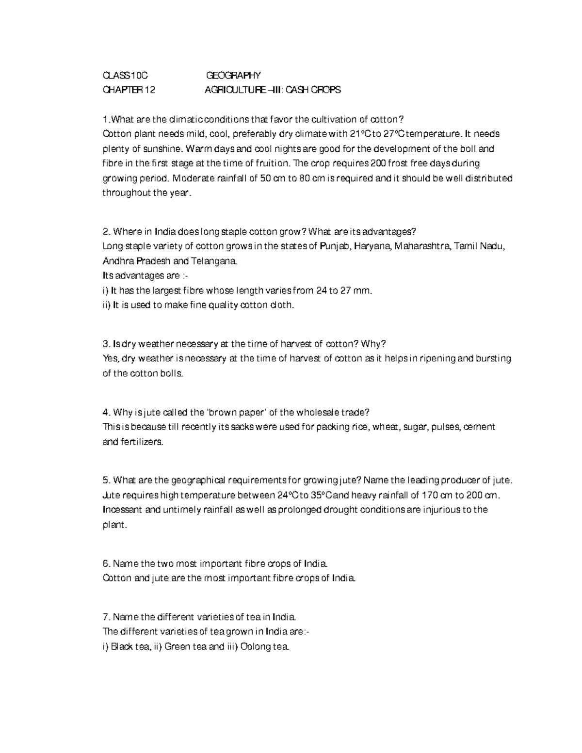 Geography - Class 10 - Chapter 12 - Agriculture III - Cash Crops ...