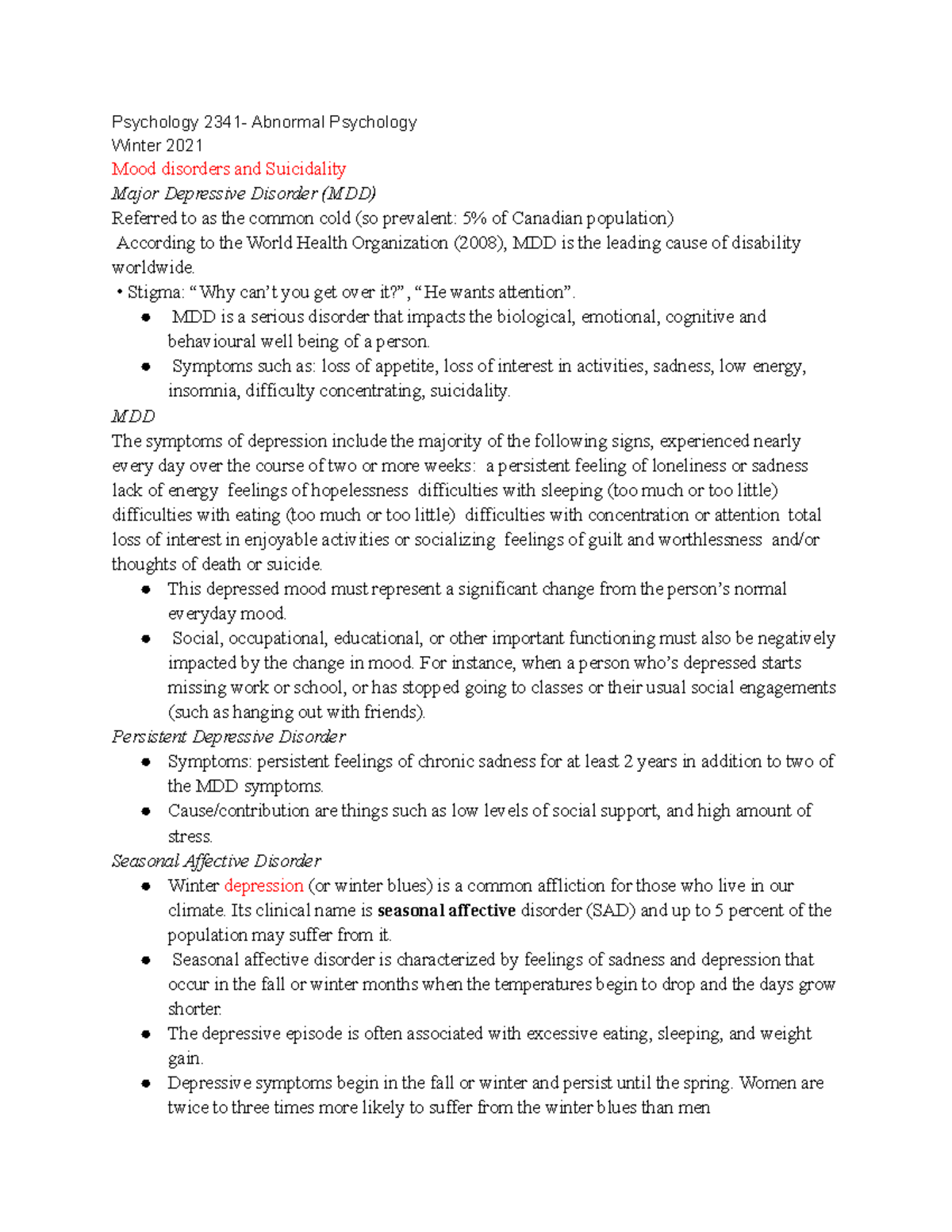 Psychology 2341- Abnormal Psychology Mood disorders and Suicidality ...