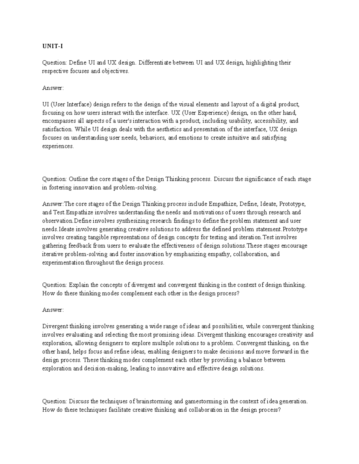 UNIT Wise Four Mark Question Bank - UNIT-I Question: Define UI and UX ...