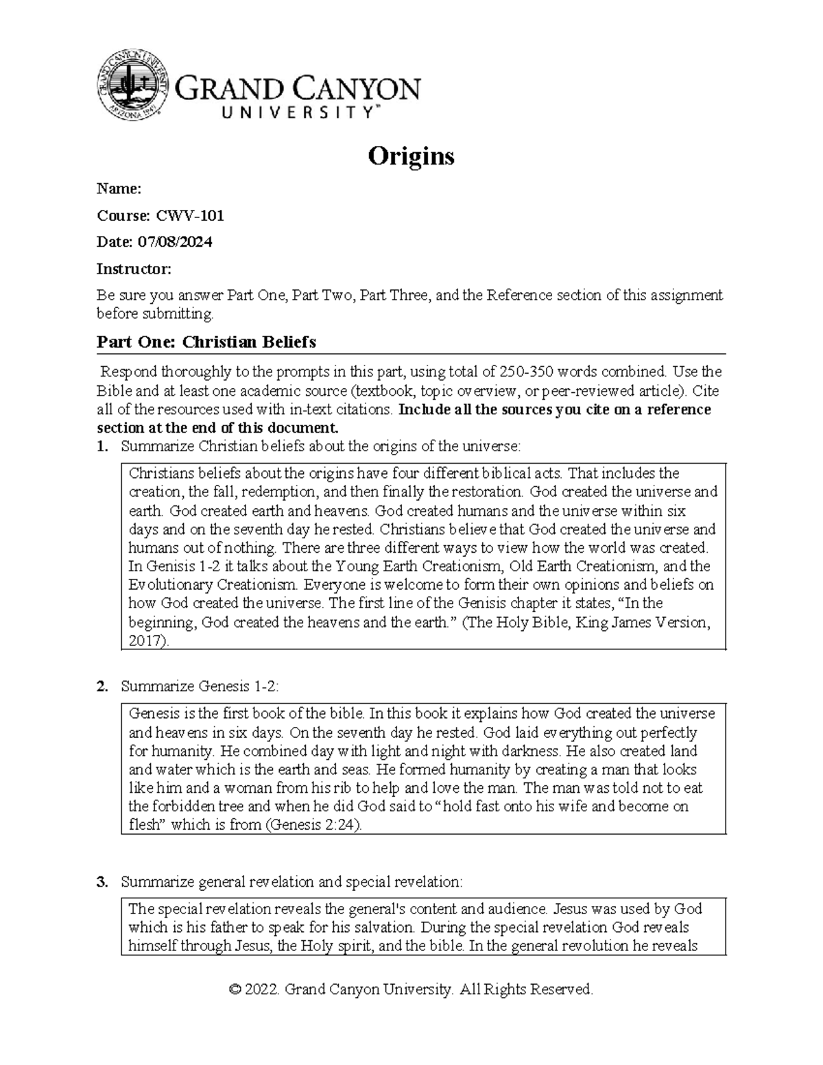 CWV-101 Origins - Origins Name: Course: CWV- Date: 07/08/ Instructor ...