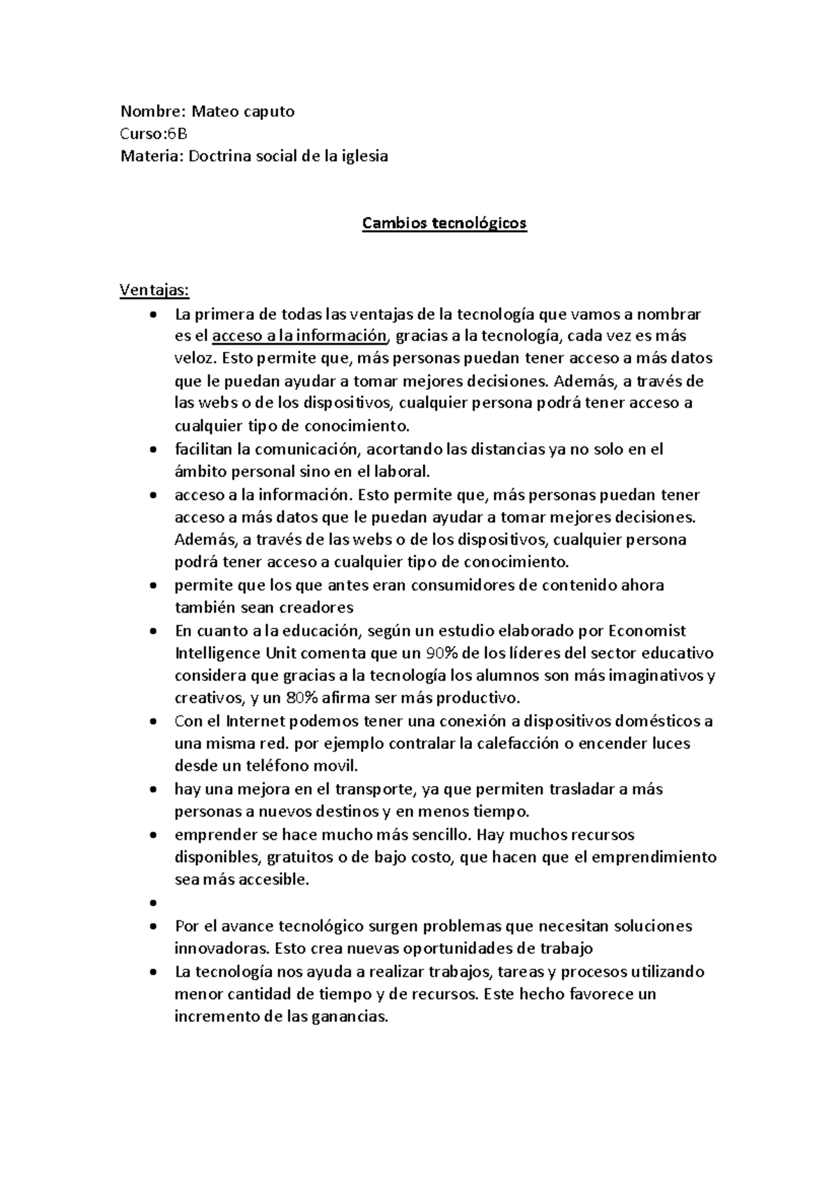 Tp de doctrina social de la iglesia. Mateo Caputo 6B - Nombre: Mateo ...