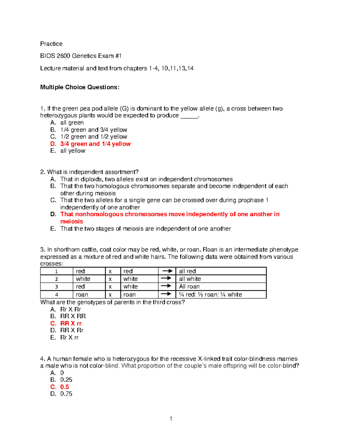 Exam I Student practice Answer KEY - Practice BIOS 2600 Genetics Exam ...
