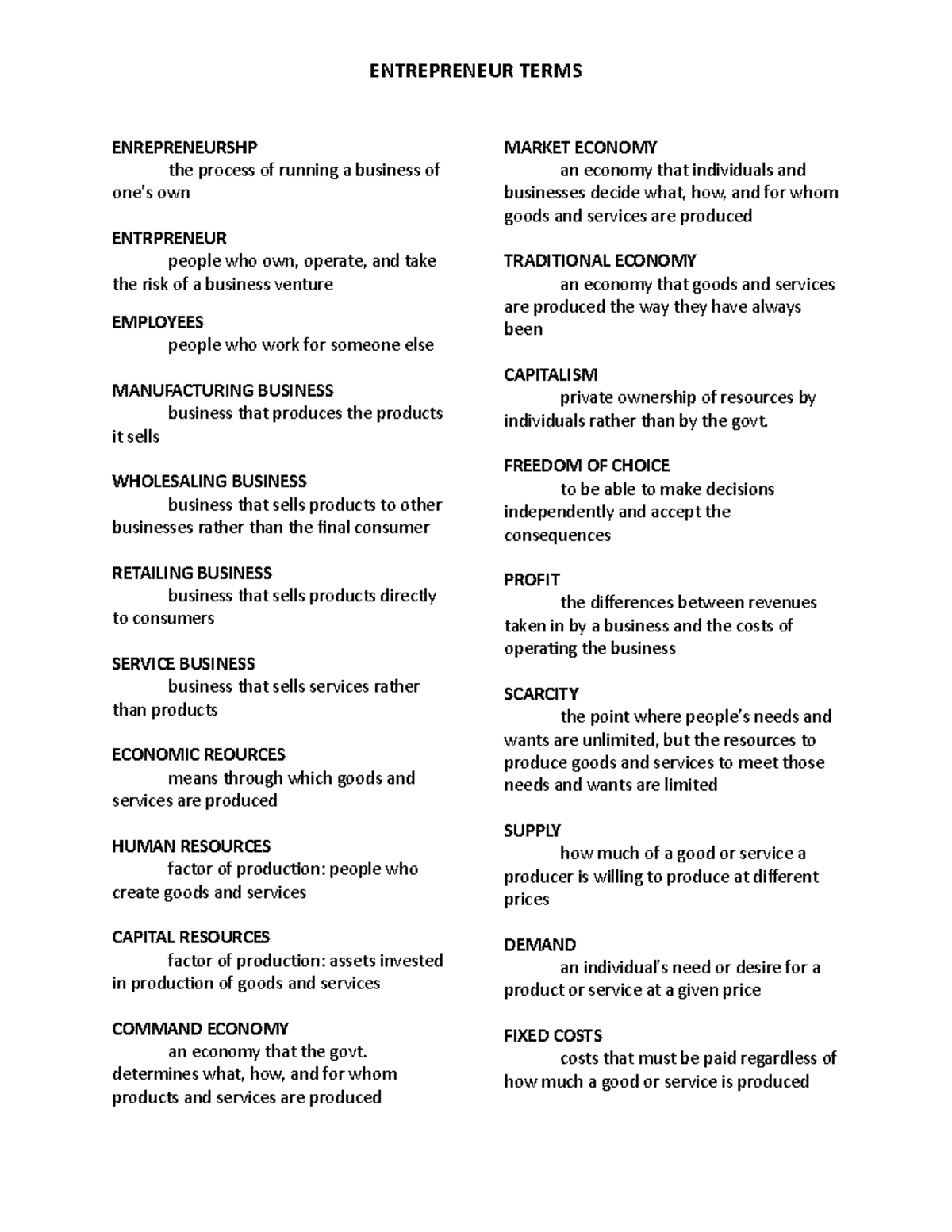 Enrepreneurshp - Entrep - ENTREPRENEUR TERMS ENREPRENEURSHP the process ...