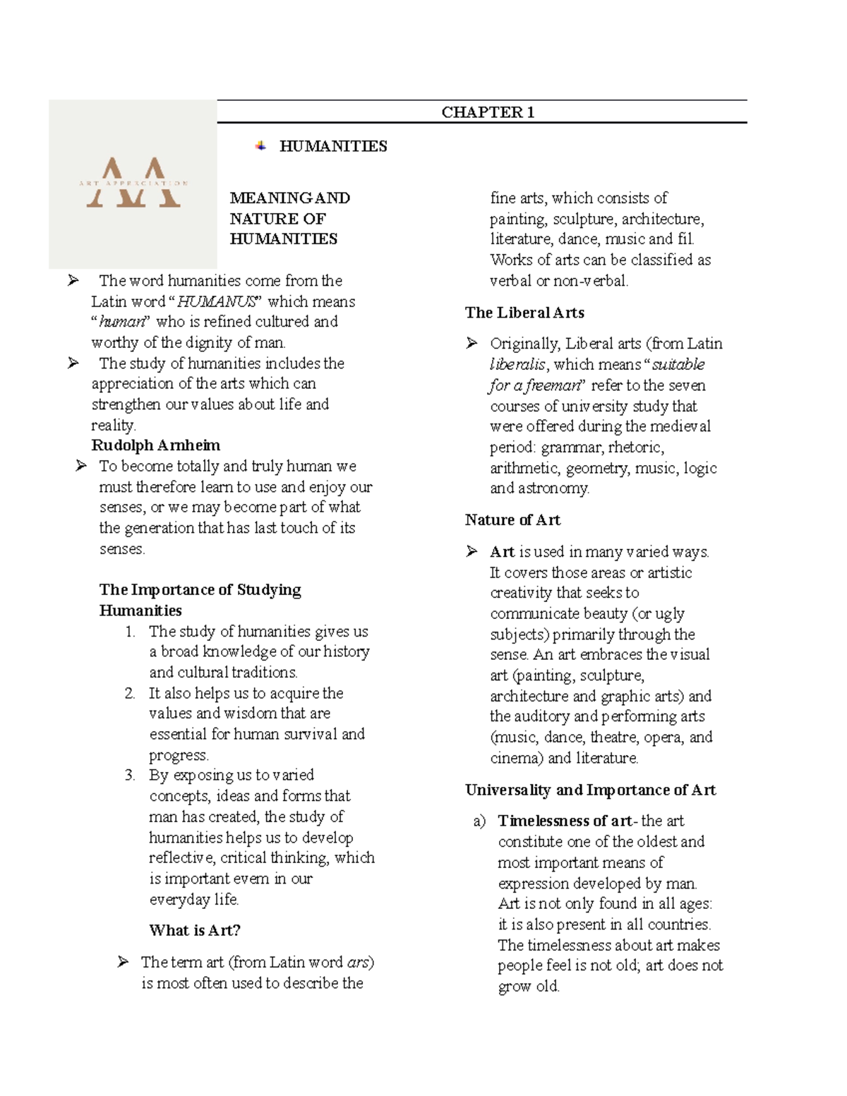 Chapter1 in Arts Appreciation - CHAPTER 1 HUMANITIES MEANING AND NATURE ...