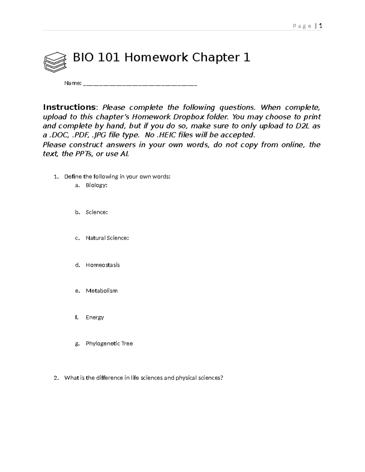 BIO 101 Homework Chapter 1 - P a g e | 1 BIO 101 Homework Chapter 1 ...