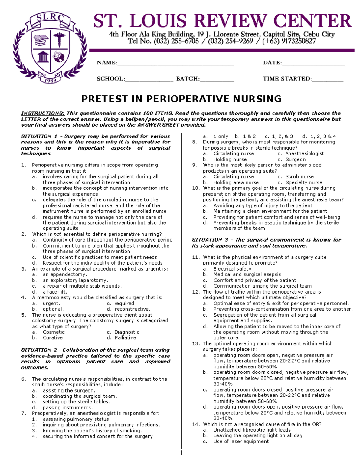 PRE TEST IN Perioperative Nursing NOV 2023 - PRETEST IN PERIOPERATIVE ...