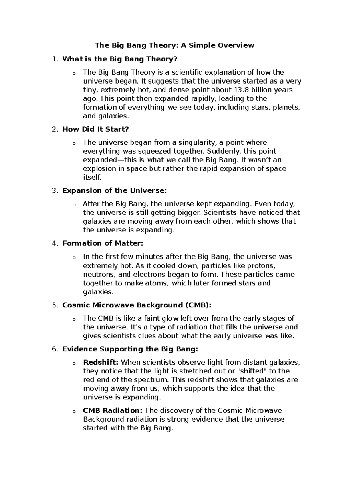 Summary - The Big Bang Theory: A Simple Overview 1. What is the Big ...