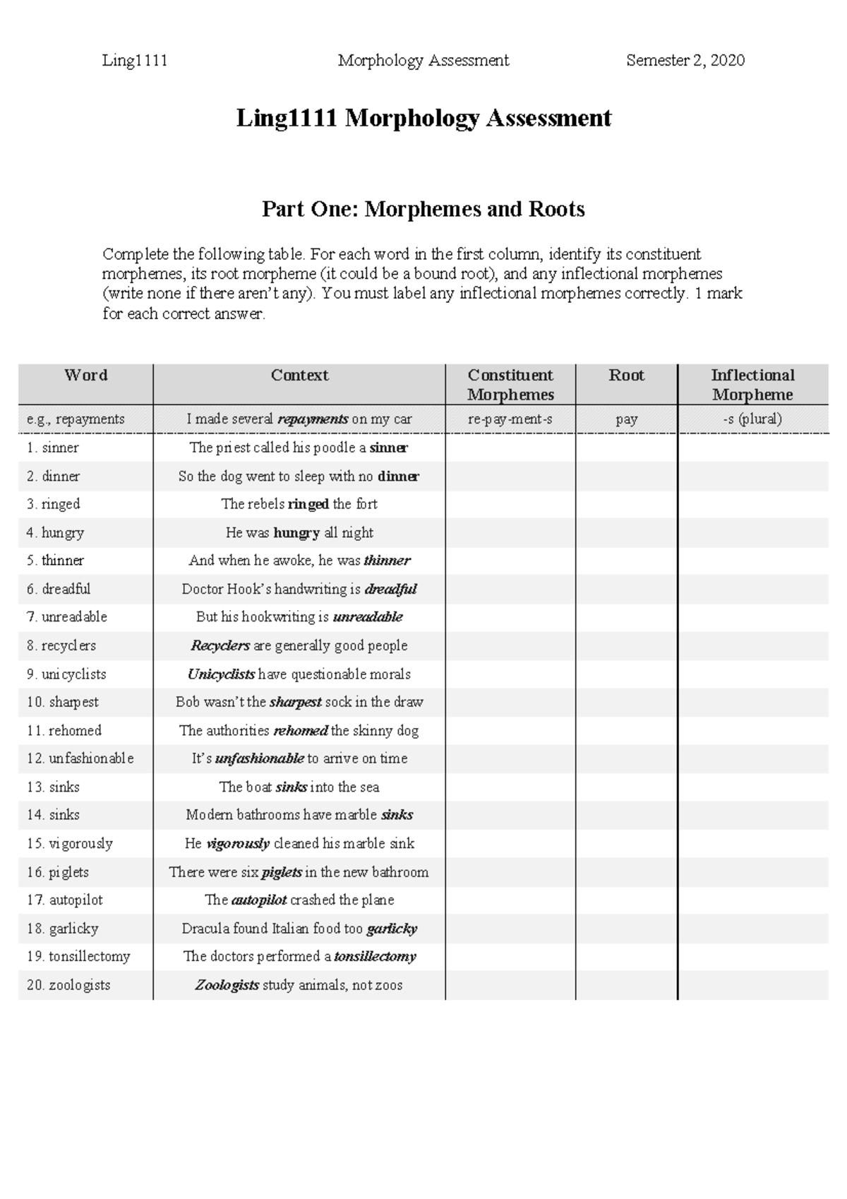 LING111 1 - Assessment 3 morphology assignment questionsheet 2020 ...