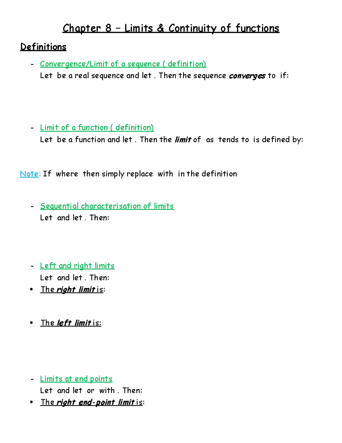 Analysis 1B - Chapter 8 - Chapter 8 – Limits & Continuity of functions Definitions - - Studocu