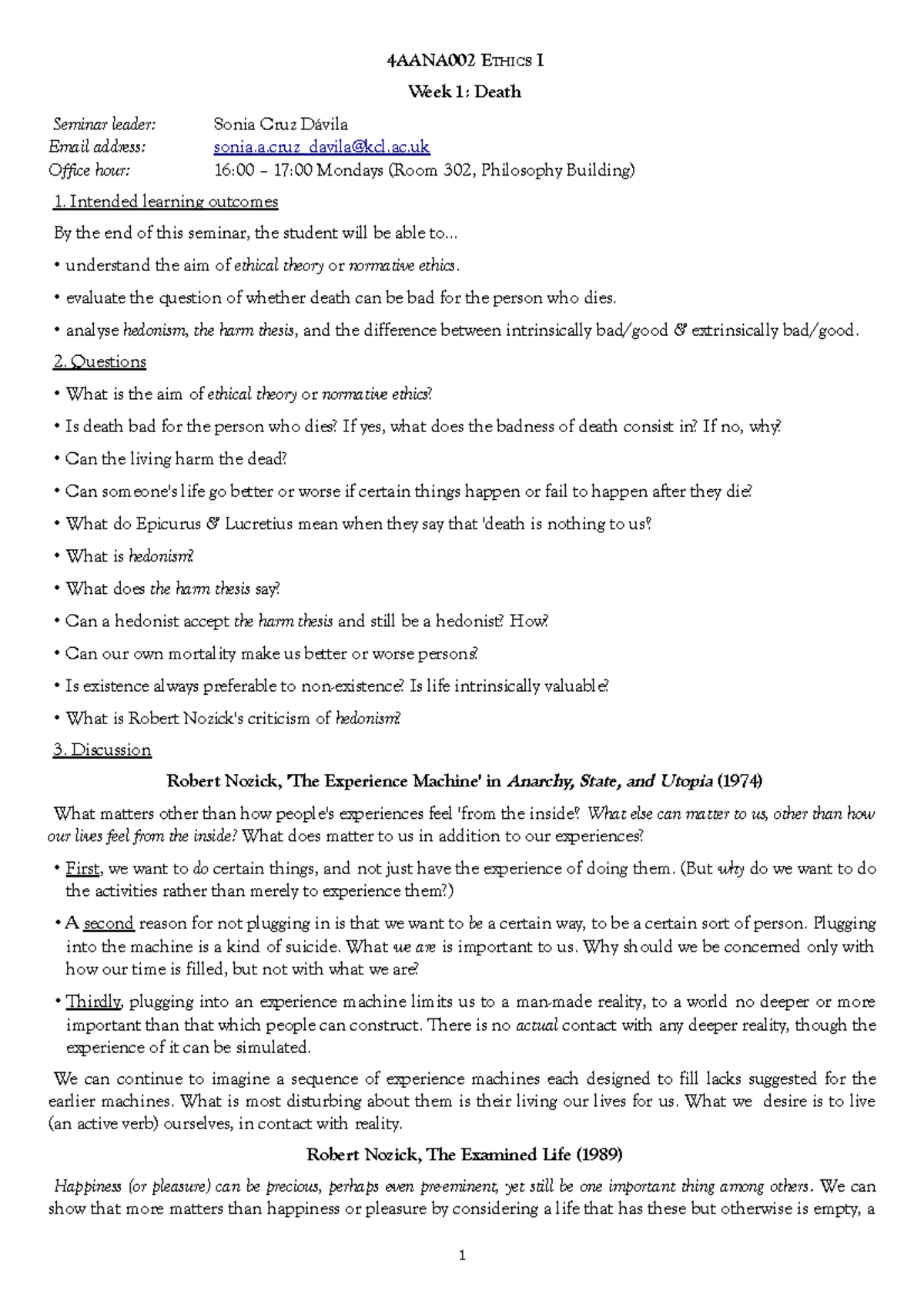 Week 1 Handout - 4AANA002 ETHICS I Week 1: Death Seminar leader: Sonia Cruz Dávila Email address ...