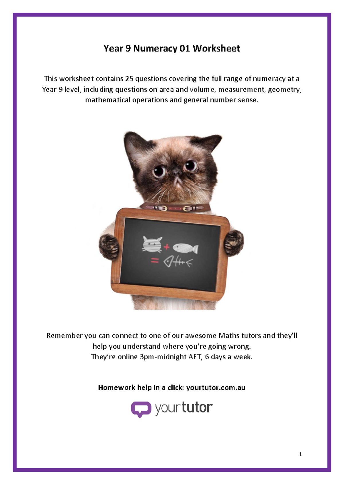 Year 9 Numeracy 01 Worksheet - Year 9 Numeracy 01 Worksheet This ...