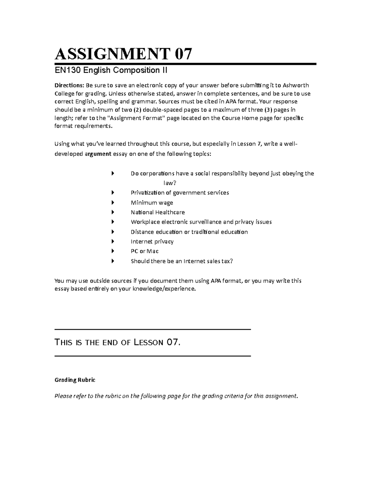 EN 130 Assignment 07 - Argument about a picked topic - ASSIGNMENT 07 ...