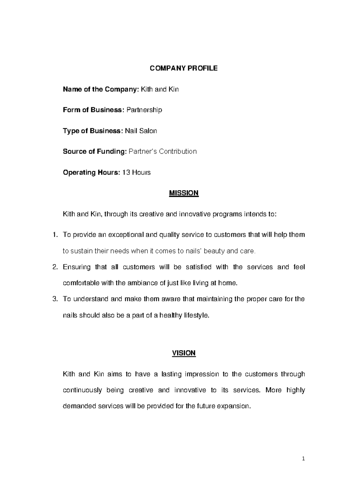 Feasib - reference - COMPANY PROFILE Name of the Company: Kith and Kin ...