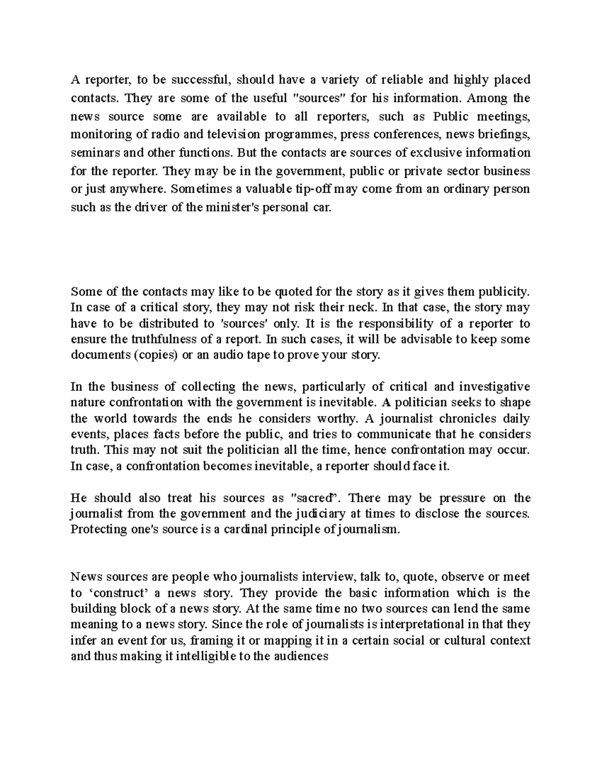 News Sources - A reporter, to be successful, should have a variety of ...