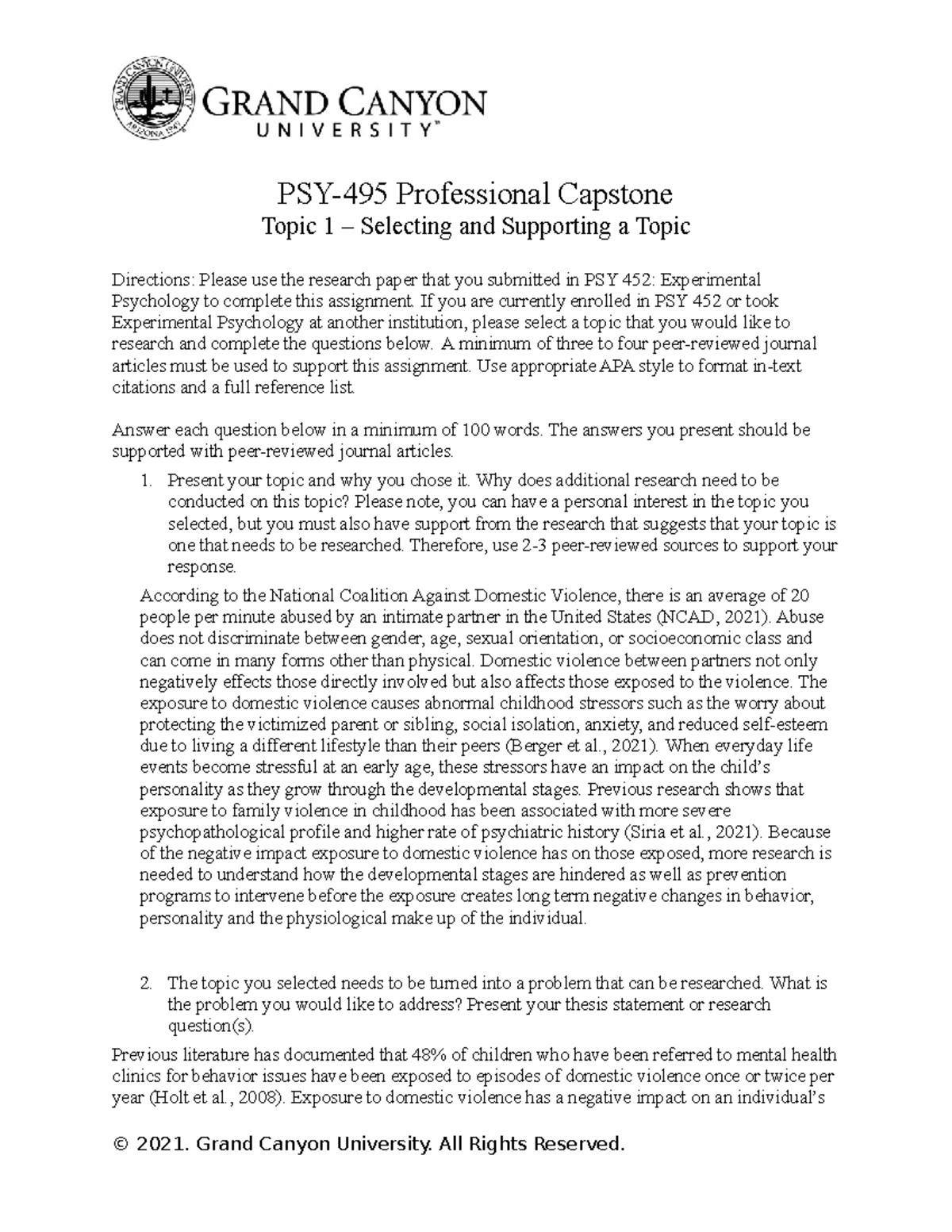 PSY495 RS T1 Selecting Supporting Topic - PSY-495 Professional Capstone ...